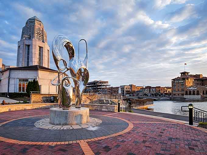 A shimmering sculpture, a glowing Art Deco tower, and a river at golden hour: St. Charles is showing off, and it's earned the right.