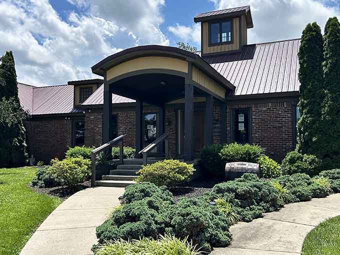That sweeping arched entrance and copper-toned roof make Talon Winery look like the most elegant building on the block — because it is.