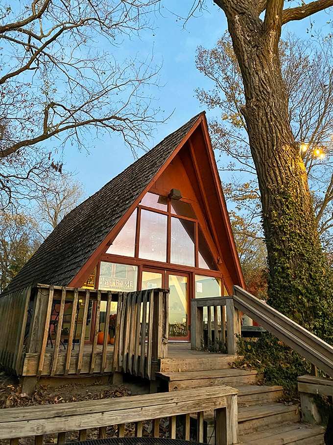 Golden evening light wraps this bold A-frame like nature itself dressed up for the occasion.