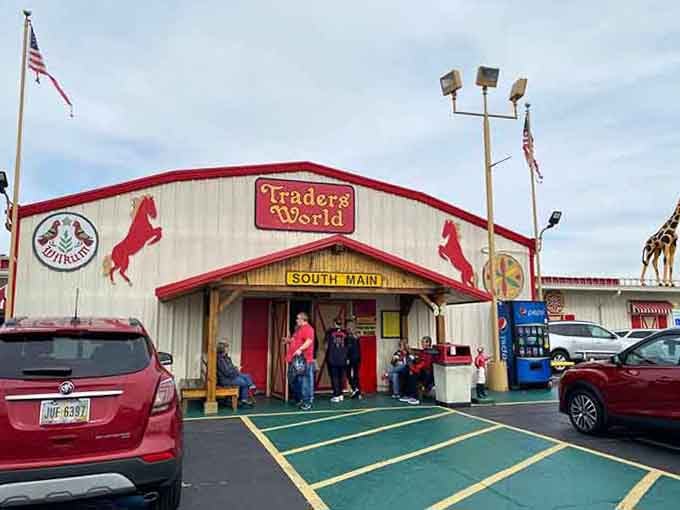 Red barns, rearing horses, and a giraffe peeking from the corner — Traders World doesn't do subtle, and we love it.