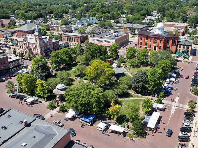 From above, Woodstock's town square looks like a green jewel set perfectly into a ring of beautiful historic buildings.