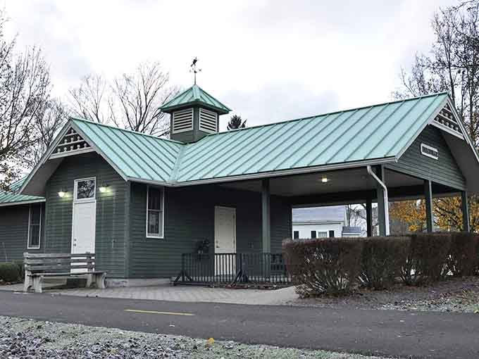 That copper-topped cupola and sage-green roof give this Bellville building the quiet dignity of a place that knows exactly what it is.