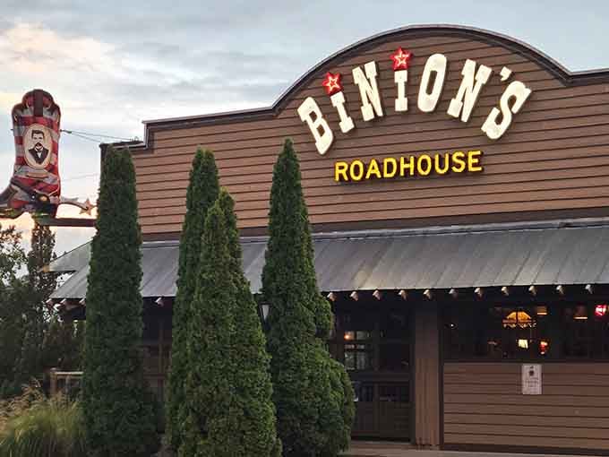 That glowing Binion's Roadhouse marquee at dusk looks like the opening credits of your new favorite dinner tradition.