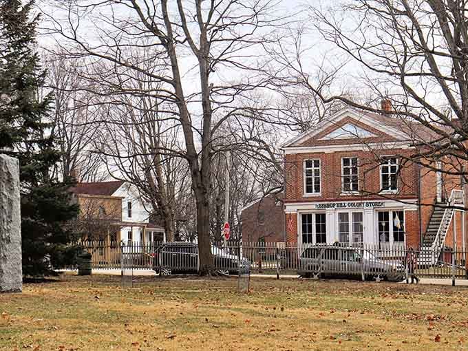 The Bishop Hill Colony Store's Greek Revival facade presides over the village square with the calm authority of a beloved town elder.