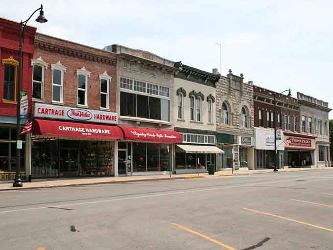 Carthage Hardware's bold red awning on this classic main street is proof that some things genuinely never go out of style.