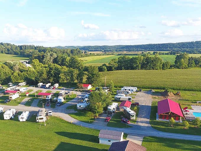 Rolling green fields stretch endlessly behind this Coshocton-area campground, proof that Ohio's countryside still knows how to take your breath away.