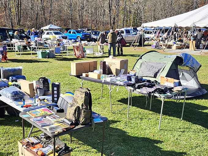 A camping tent doubles as a display booth, proving that at Creekside, creativity is always part of the deal.