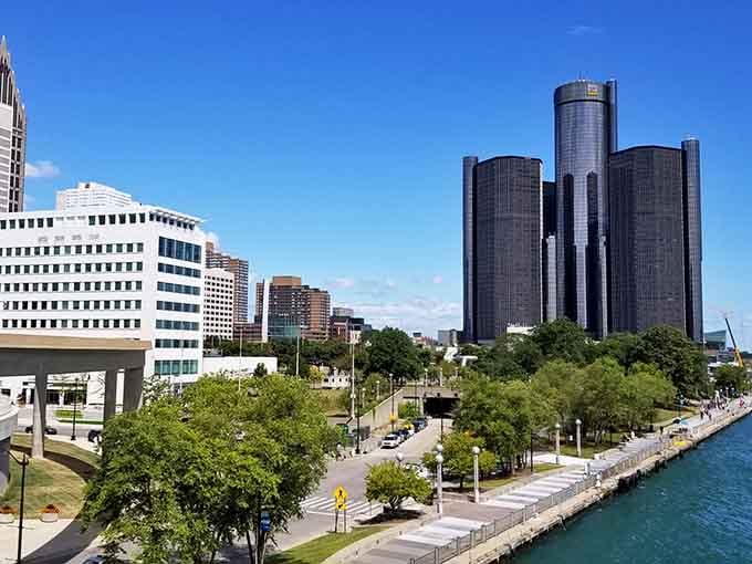 Detroit's Renaissance Center towers over the sparkling riverfront, anchoring a city whose food comeback story deserves its own standing ovation.