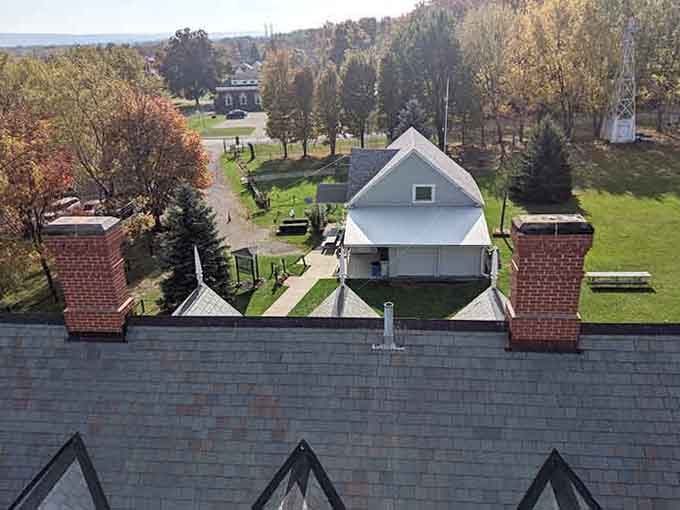 From a rooftop perch, Dunkirk's autumn landscape unfolds beautifully, with colorful trees framing tidy grounds that feel genuinely peaceful.