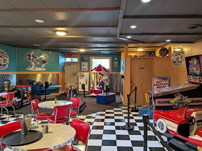 Red chairs, a checkered floor, vintage rides, and painted murals — the Dutch Mill Cafe's interior is a full-on retro wonderland.
