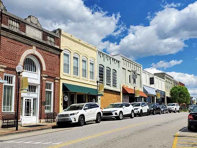 Fort Mill's handsome brick storefronts stand shoulder to shoulder under a genuinely spectacular South Carolina sky.