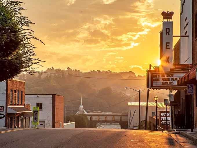 The Rex Theater sign blazes against a golden Galax sunset like the opening credits of a great film.
