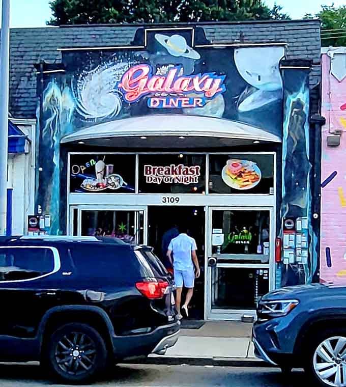 A flying saucer canopy and swirling cosmic murals make Galaxy Diner the most delightfully unexpected storefront on the block.