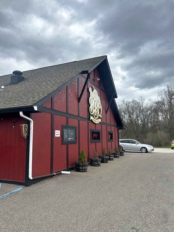 Even under gray skies, this roadside gem radiates warmth with its welcoming entrance and cozy country charm.