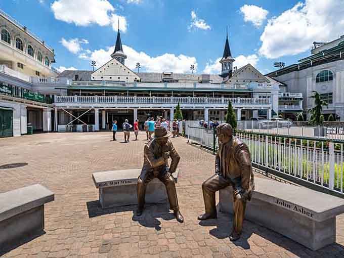 Bronze statues capture the intensity of Derby Day, frozen forever in a moment of anticipation and dreams.