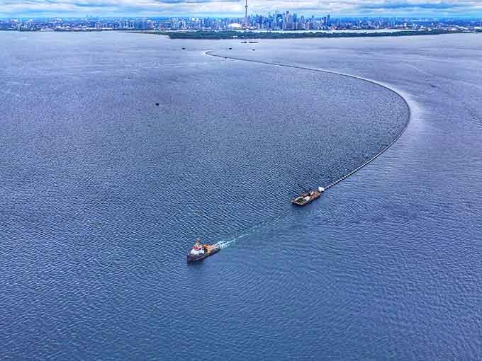 Two vessels crossing an endless expanse of deep blue water with a distant skyline — pure Great Lake grandeur.