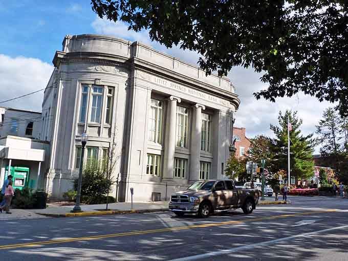 This grand white building commands attention with columns that would make any architect swoon with envy.