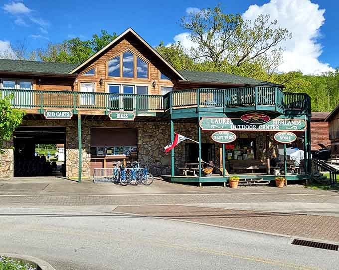 Bikes parked outside this rustic outfitter promise mountain trails and river adventures waiting just beyond town.