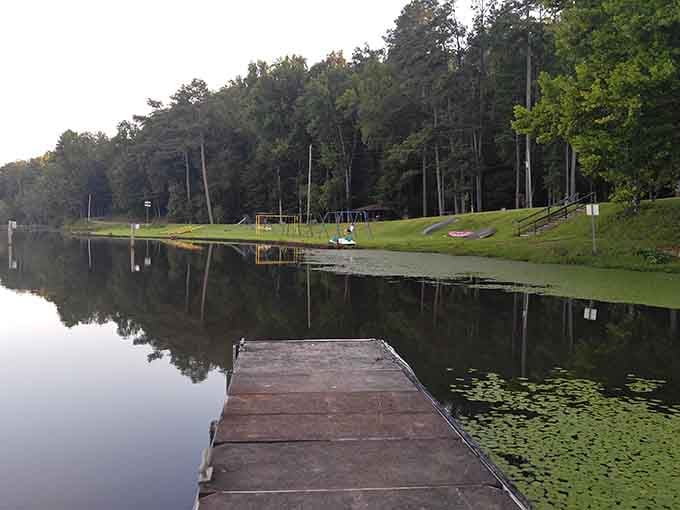 Tall pines stand perfectly still above a mirror-calm lake as a lone kayaker drifts peacefully through the morning.