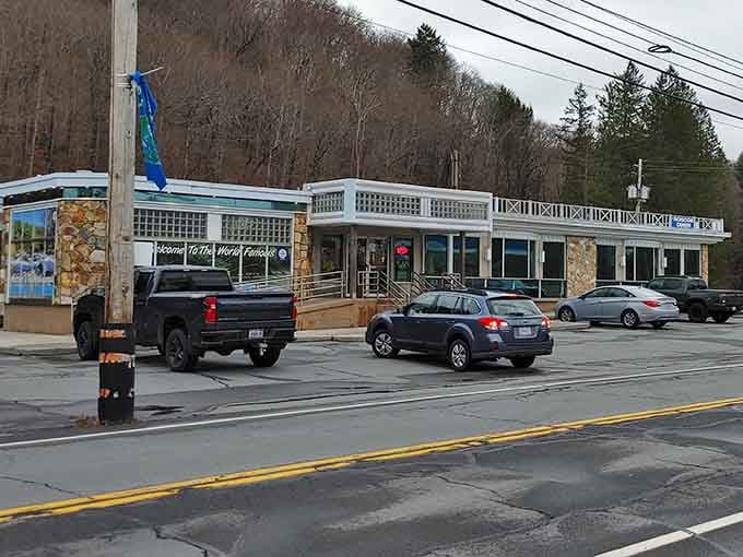 Even on a grey winter day, the Roscoe Diner's bold signage cuts through the gloom like a hot cup of coffee.