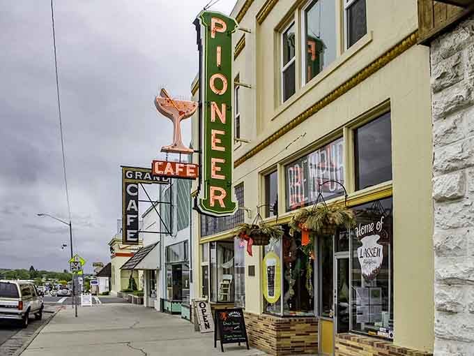 Those glowing Pioneer Cafe and Grand Cafe neon signs are the kind of small-town poetry you can't manufacture.
