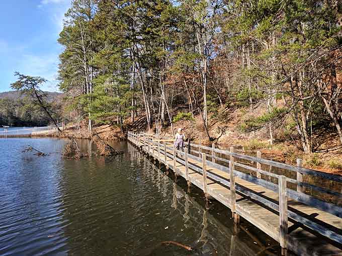 A lone hiker crosses the boardwalk at Tallulah Gorge, with mountain-cold water shimmering below and pine-covered ridges stretching ahead.