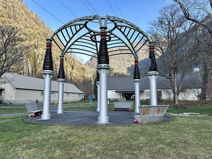 Up close, those stacked electrical insulators on each silver column give the Temple of Power a genuinely otherworldly glow.