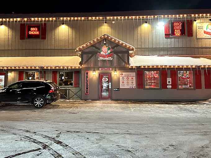 Uncle Bub's glows like a Christmas card come to life, proving great barbecue tastes even better under twinkling lights.