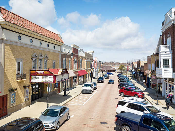 The historic theater marquee and varied rooflines create an architectural buffet that keeps your eyes dancing down the street.