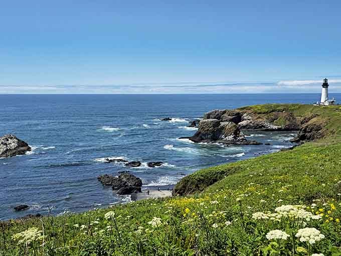 The tallest lighthouse in Oregon stands sentinel over waters where whales pass close enough to hear their breath.