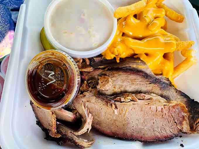 Brisket so tender it practically surrenders before your fork even arrives, with sides that know their supporting role.