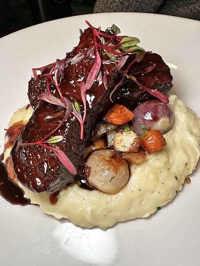 This Bourguignon sits atop creamy mashed potatoes like a crown jewel, rich and glistening with promise.