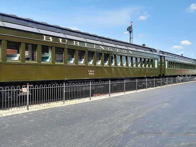 This Burlington passenger coach sits outside looking elegant, like a well-dressed guest who arrived early to the party.