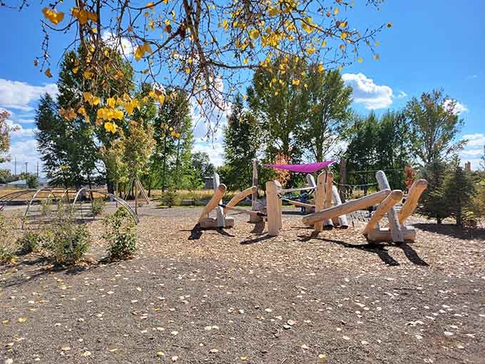 Natural wood climbing structures and a purple hammock prove that the best playgrounds don't need plastic or a warranty.