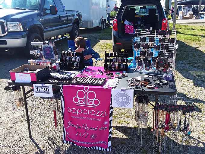 Jewelry vendors bring the sparkle, with rows of earrings and bracelets for every taste.