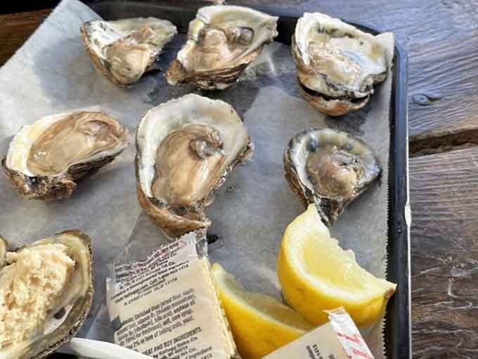 Fresh oysters on a wooden dock, with lemon wedges ready, because some pleasures are simply timeless.