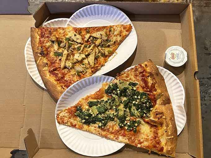 Chicken and spinach options prove that even health-conscious choices come in ridiculous sizes here.