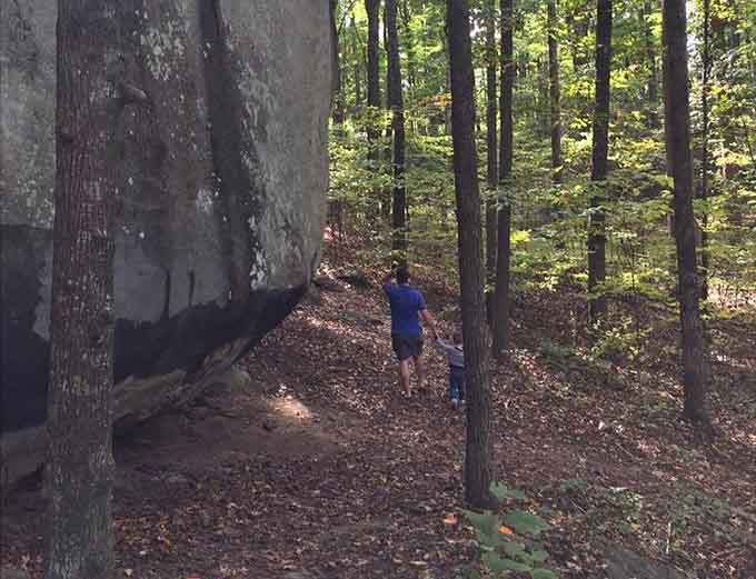 A parent and child wander past a towering rock face, the forest quietly reminding them how small we all are.