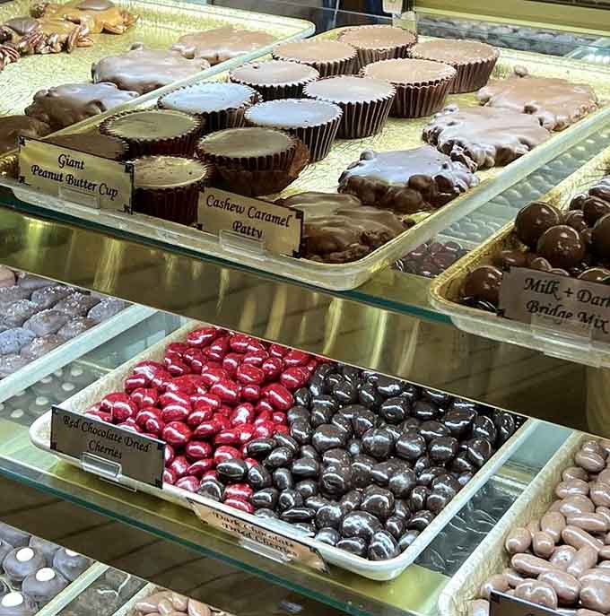 Giant peanut butter cups, cashew caramel patties, and chocolate cherries, this case is not playing around.