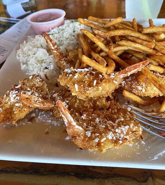 Coconut shrimp wearing their crunchy coats like they're headed to a tropical party, fries included for moral support.