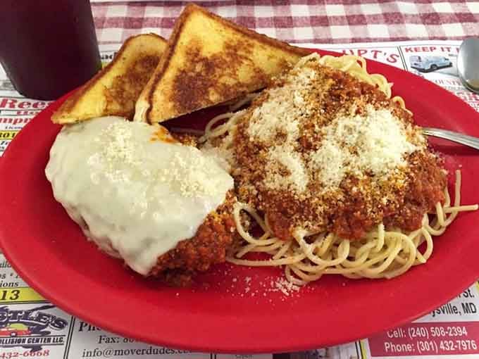 Veal parmigiana, spaghetti, and golden toast on one plate. Somehow Keedysville, Maryland just out-Italian'd your favorite Italian place.