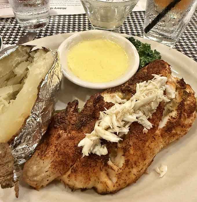 Blackened snapper topped with lump crabmeat, this plate is proof that two great things together are better than either one alone.