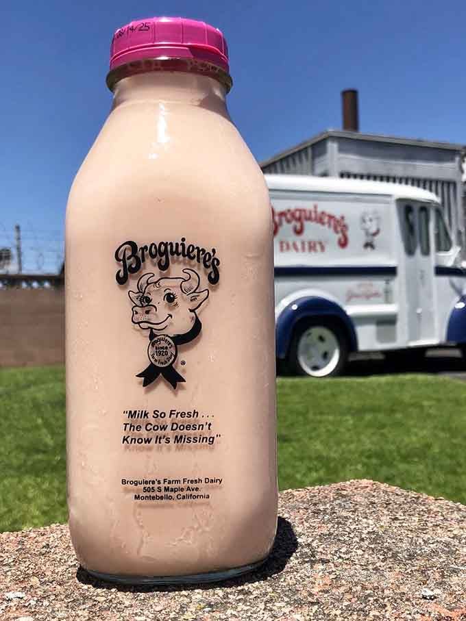 Broguiere's chocolate milk in a glass bottle, with a vintage delivery truck standing guard behind it. This is Southern California dairy royalty.