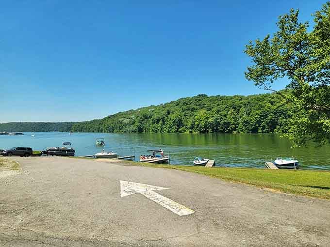 Boats bob gently at the marina while forested hills create a backdrop that makes you forget you're in Indiana.