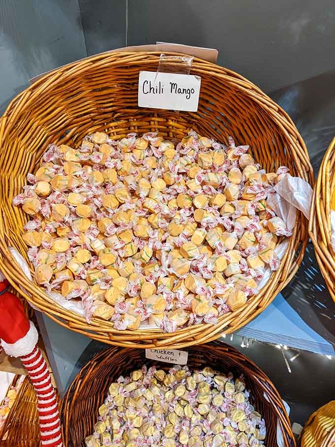 Chili Mango taffy sitting right next to Chicken and Waffles flavor. Bull Frog Corner does not play it safe, and we love that.