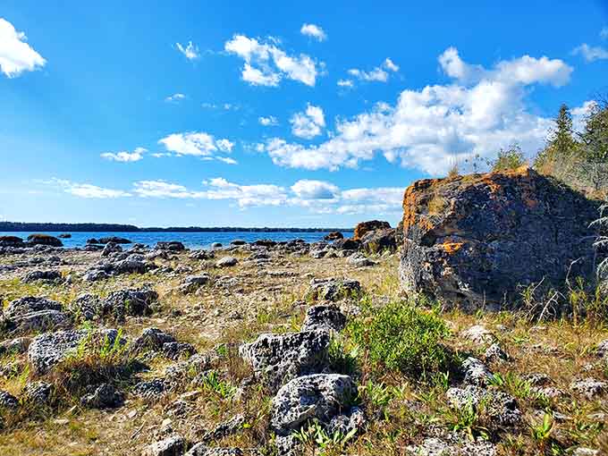 Bright blue skies and fluffy clouds frame the beautiful rocky shoreline, perfect for a peaceful afternoon by the water.