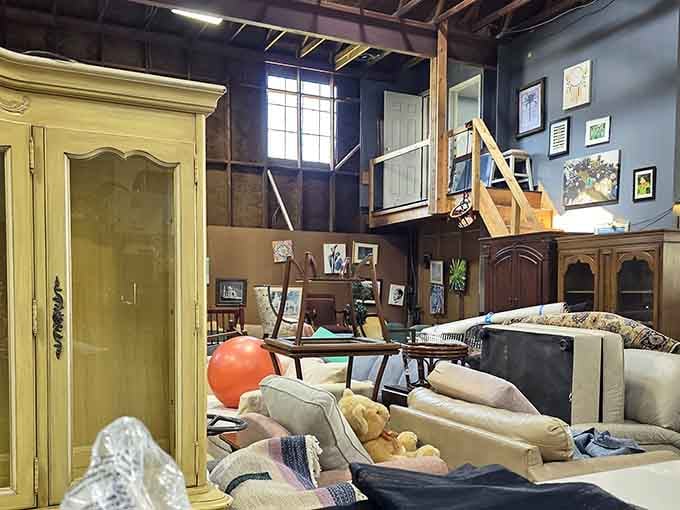 Somewhere between that yellow armoire and the loft stairs, your next favorite piece is hiding.