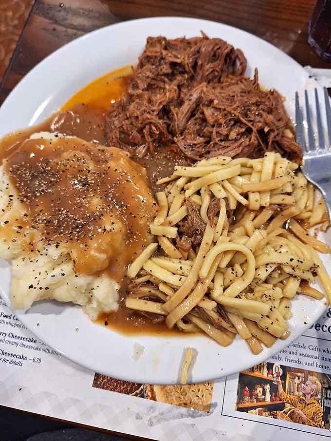 Pulled meat, noodles, and mashed potatoes proving that carbs on carbs is absolutely a legitimate food group.