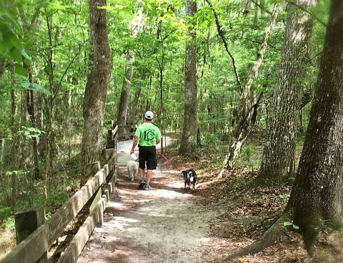 Even the family dog gets to enjoy the shaded trails surrounding the sinkhole rim.