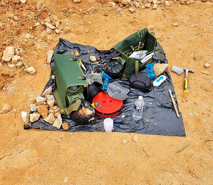 A serious rockhound's field kit, proof that the right tools turn a good dig into a great one.